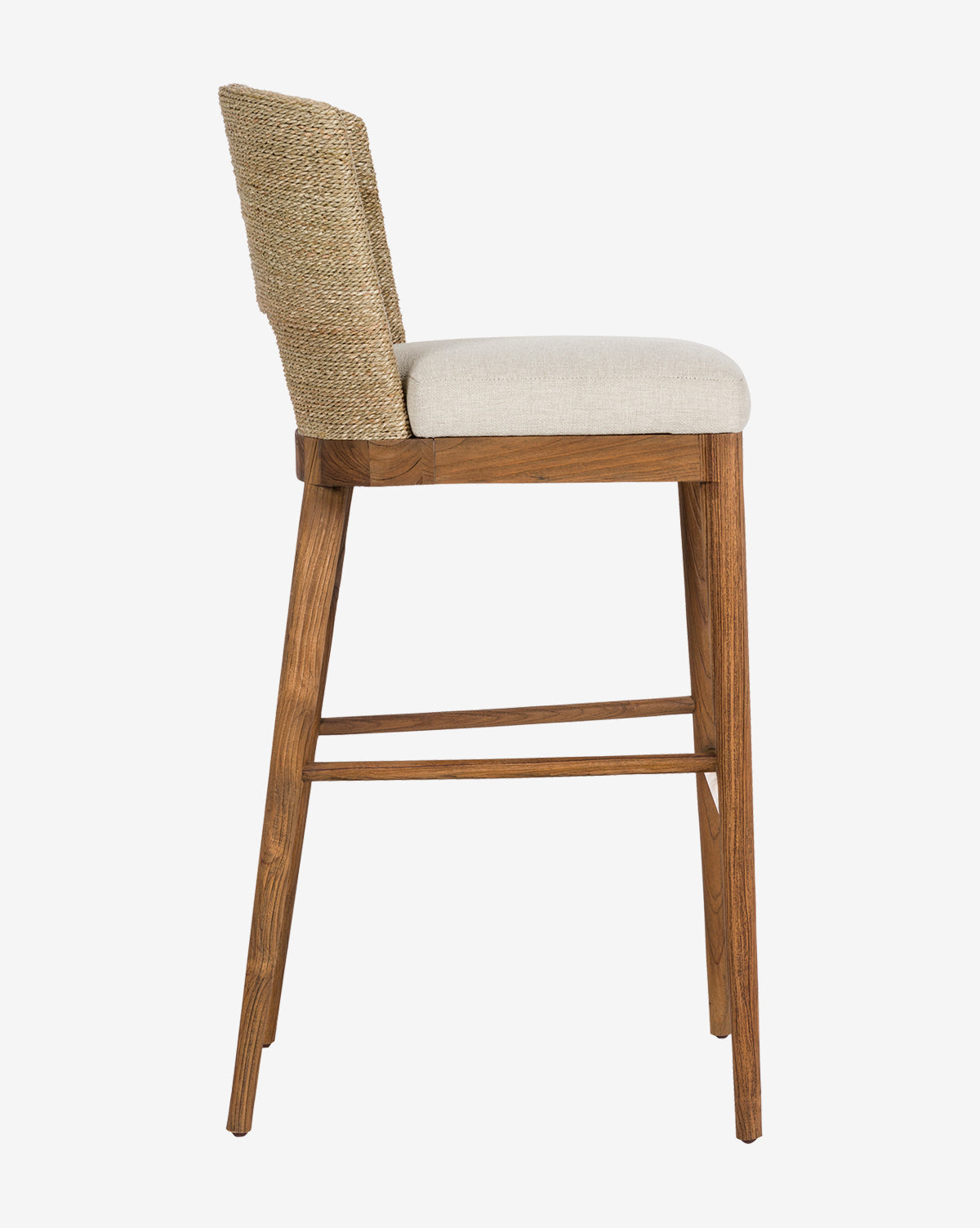 Adelyn Coastal Brown Teak Handwoven Seagrass Back Grey Performance Counter Stool Kathy Kuo Home